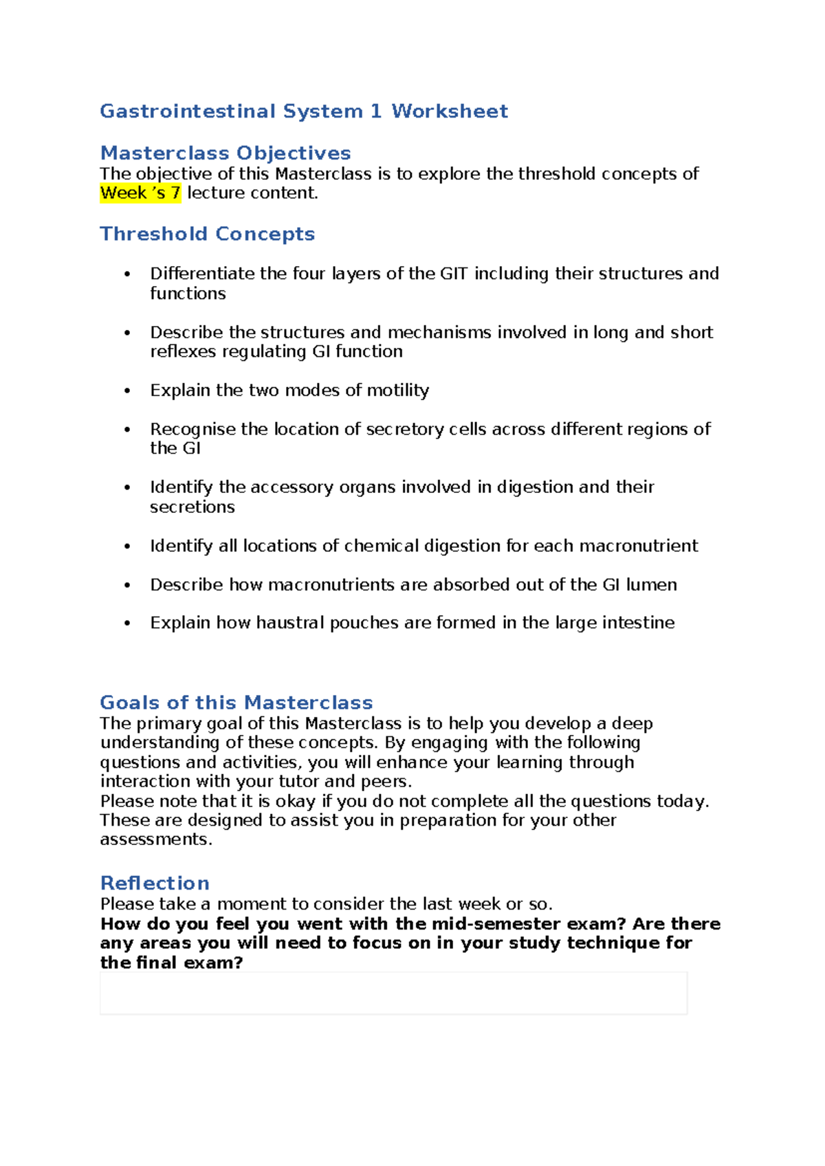 BIOM1071 Workshop 7 GIT Worksheet Answers - Gastrointestinal System 1 ...