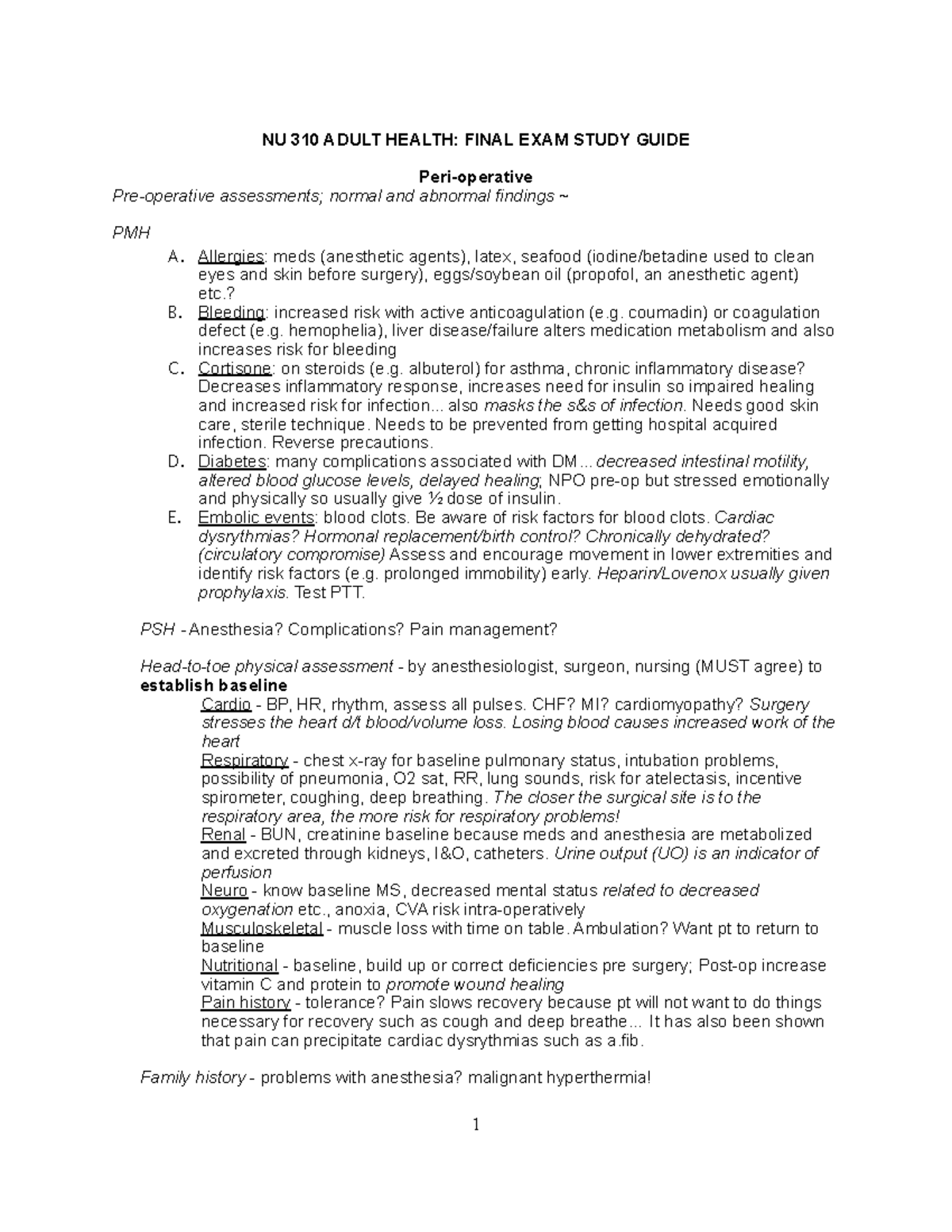 AH Final study guide - ! NU 310 ADULT HEALTH: FINAL EXAM STUDY GUIDE ...