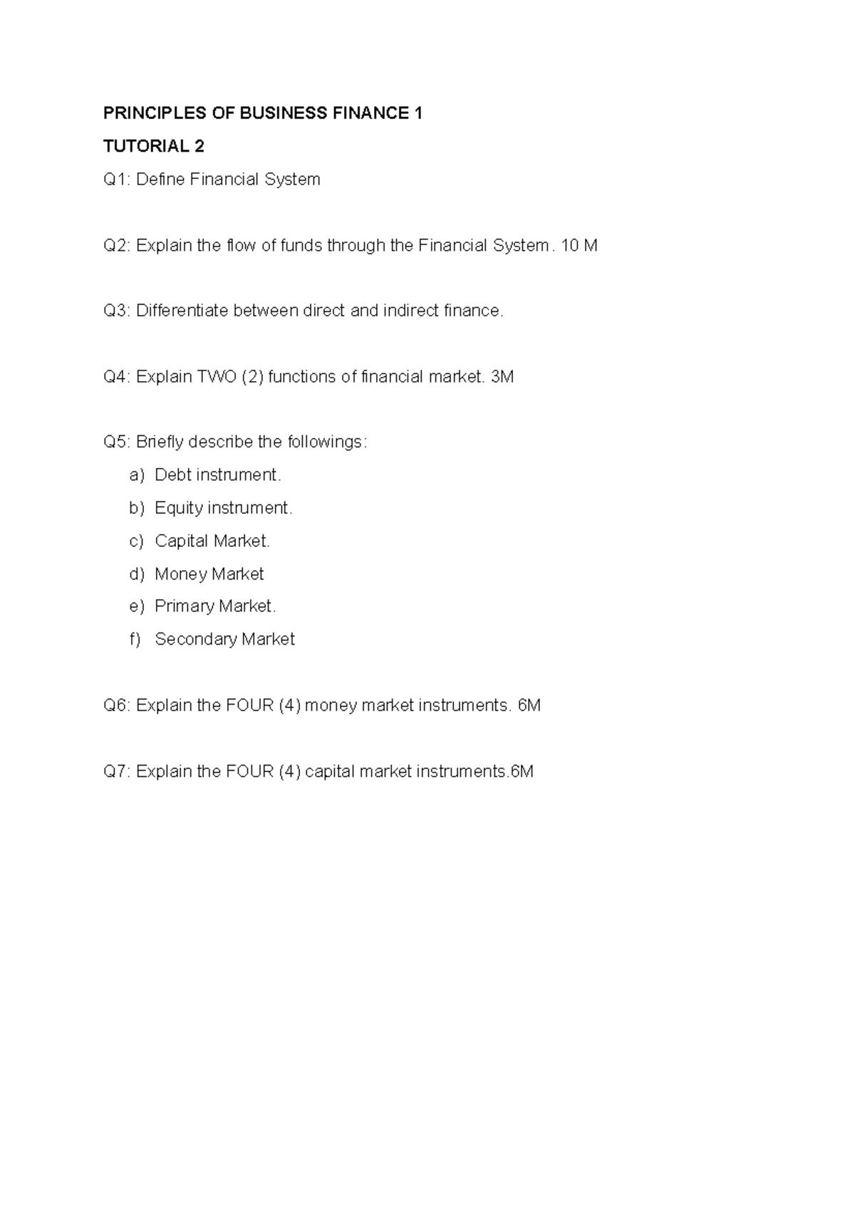 Tutorial 2 - finance - PRINCIPLES OF BUSINESS FINANCE 1 TUTORIAL 2 Q1 ...