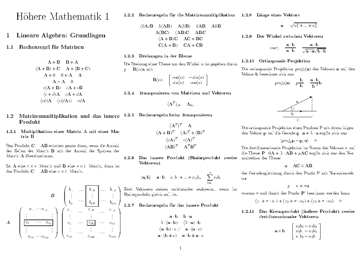 Cheat Sheet page 1 - asdfasdf - H ̈ohere Mathematik 1 1 Lineare Algebra ...