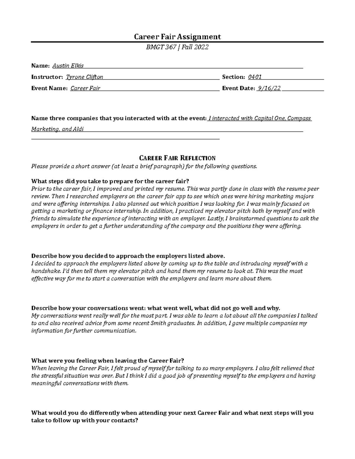 Career Fair Assignment - FA22 - Career Fair Assignment BMGT 367 | Fall ...