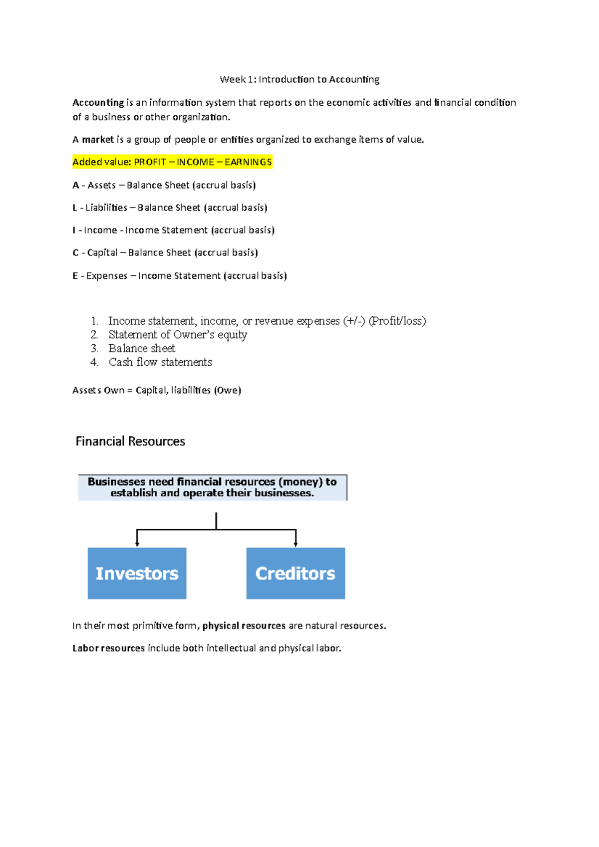 Week 1 Intro to accounting - Week 1: Introduction to Accounting ...