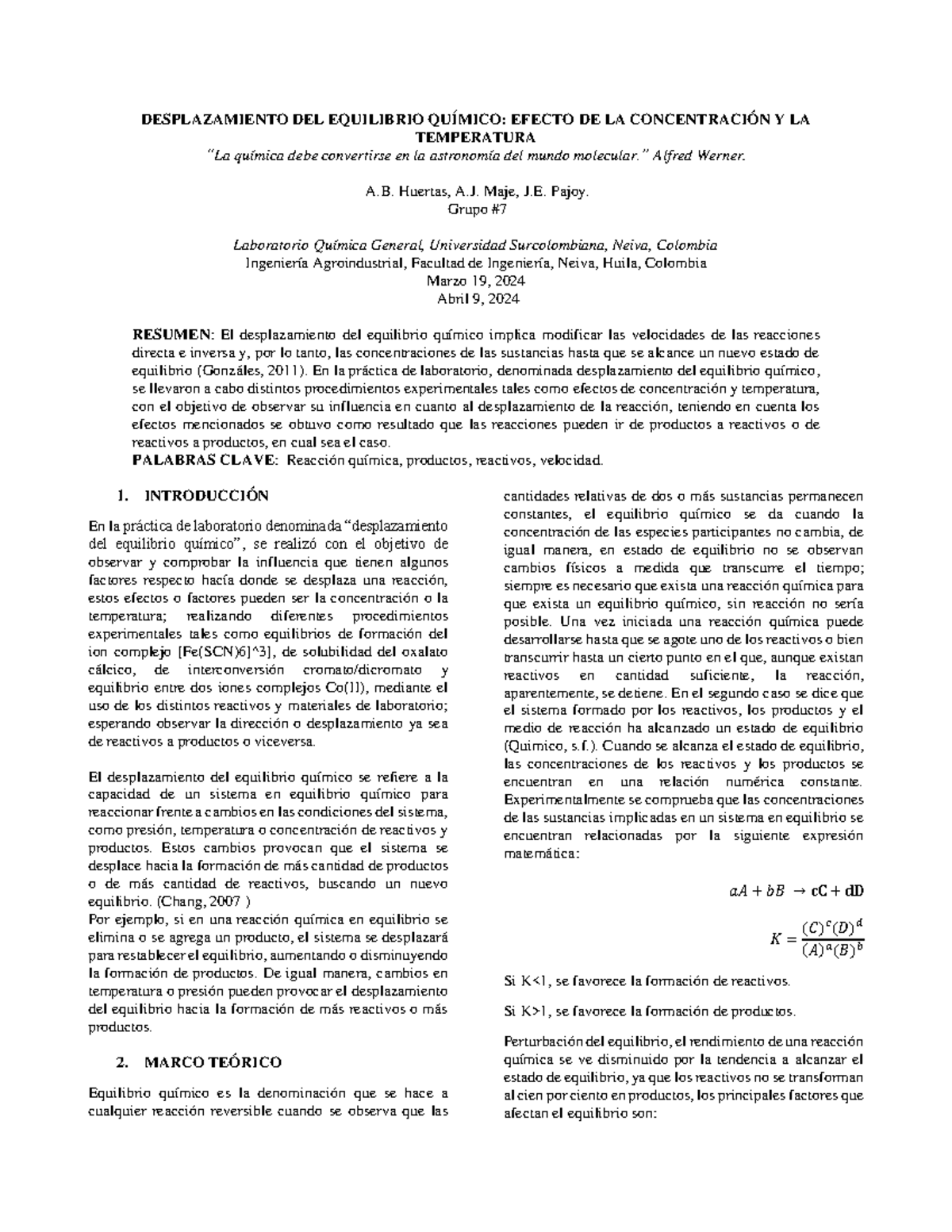 Informe Desplazamiento Equilibrio - DESPLAZAMIENTO DEL EQUILIBRIO QUÍMICO: EFECTO DE LA - Studocu