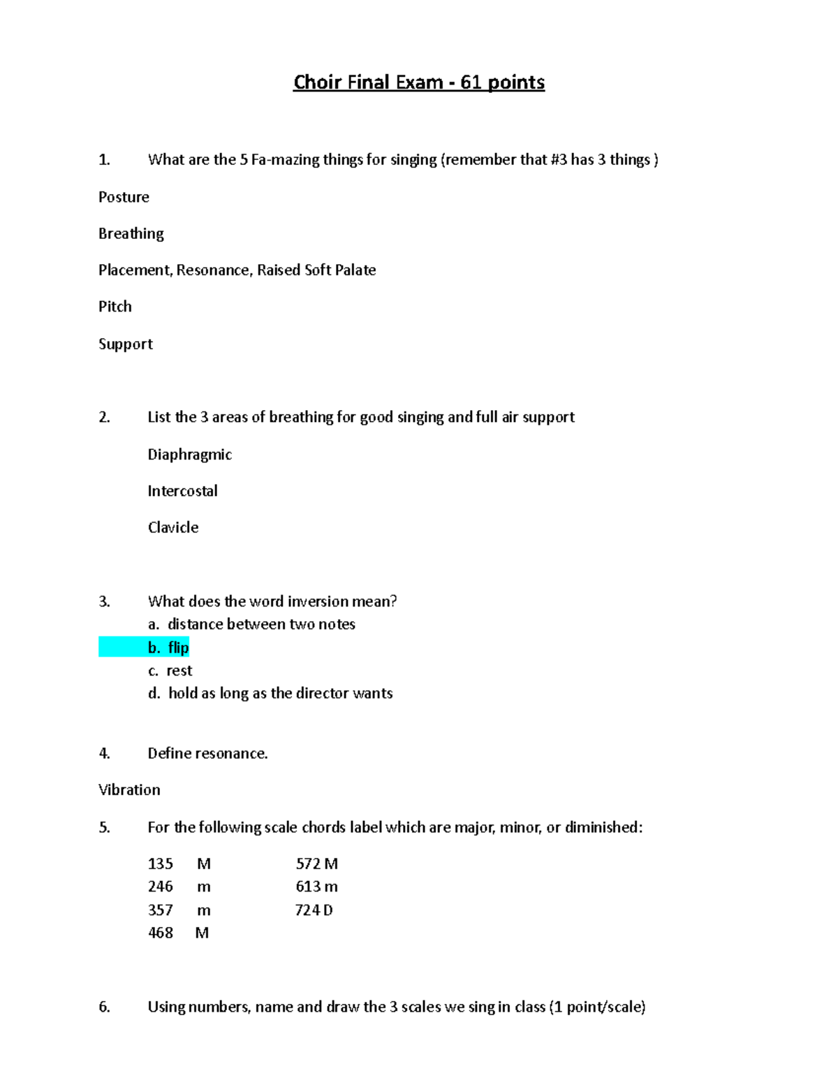 Intermediate Choir Written Midterm - Choir Final Exam - 61 points 1 ...