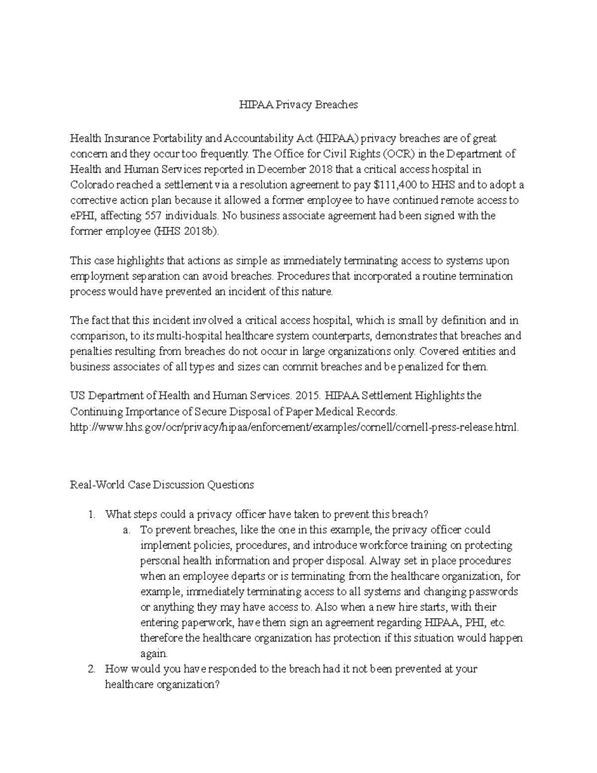 HIM 201 - Case Study 9 - HIPAA Privacy Breaches Health Insurance ...