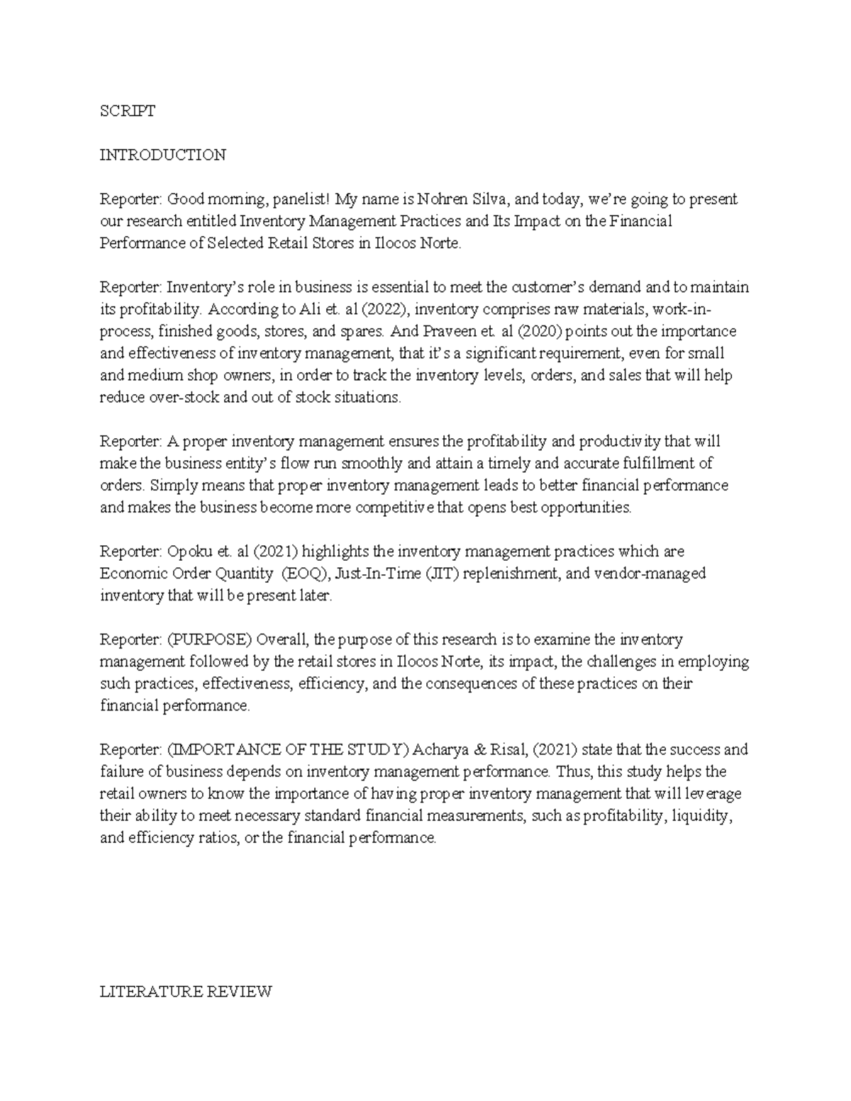 Script-1 - SCRIPT INTRODUCTION Reporter: Good morning, panelist! My ...