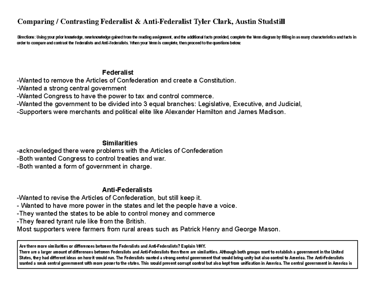 Comparing Federalists and Anti Federalists - Comparing / Contrasting ...