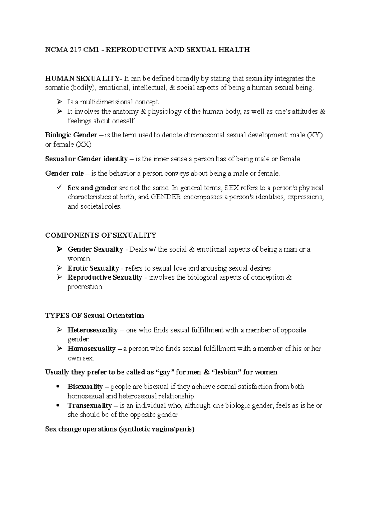 Ncma217 human sexuality - NCMA 217 CM1 - REPRODUCTIVE AND SEXUAL HEALTH ...