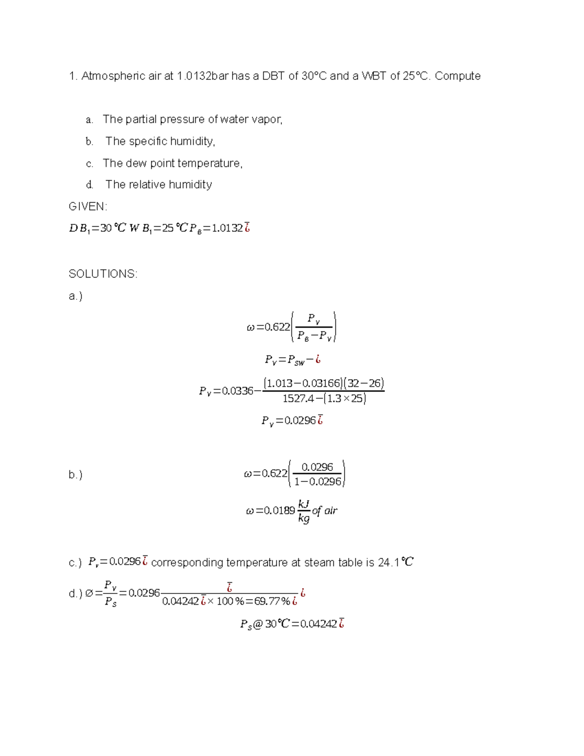 ipe sample problems - Atmospheric air at 1 has a DBT of 30°C and a WBT ...