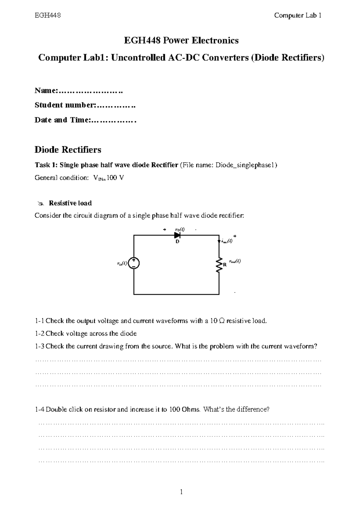 Computer Lab One LTspice - EGH448 Power Electronics Computer Lab1: Uncontrolled AC-DC Converters ...