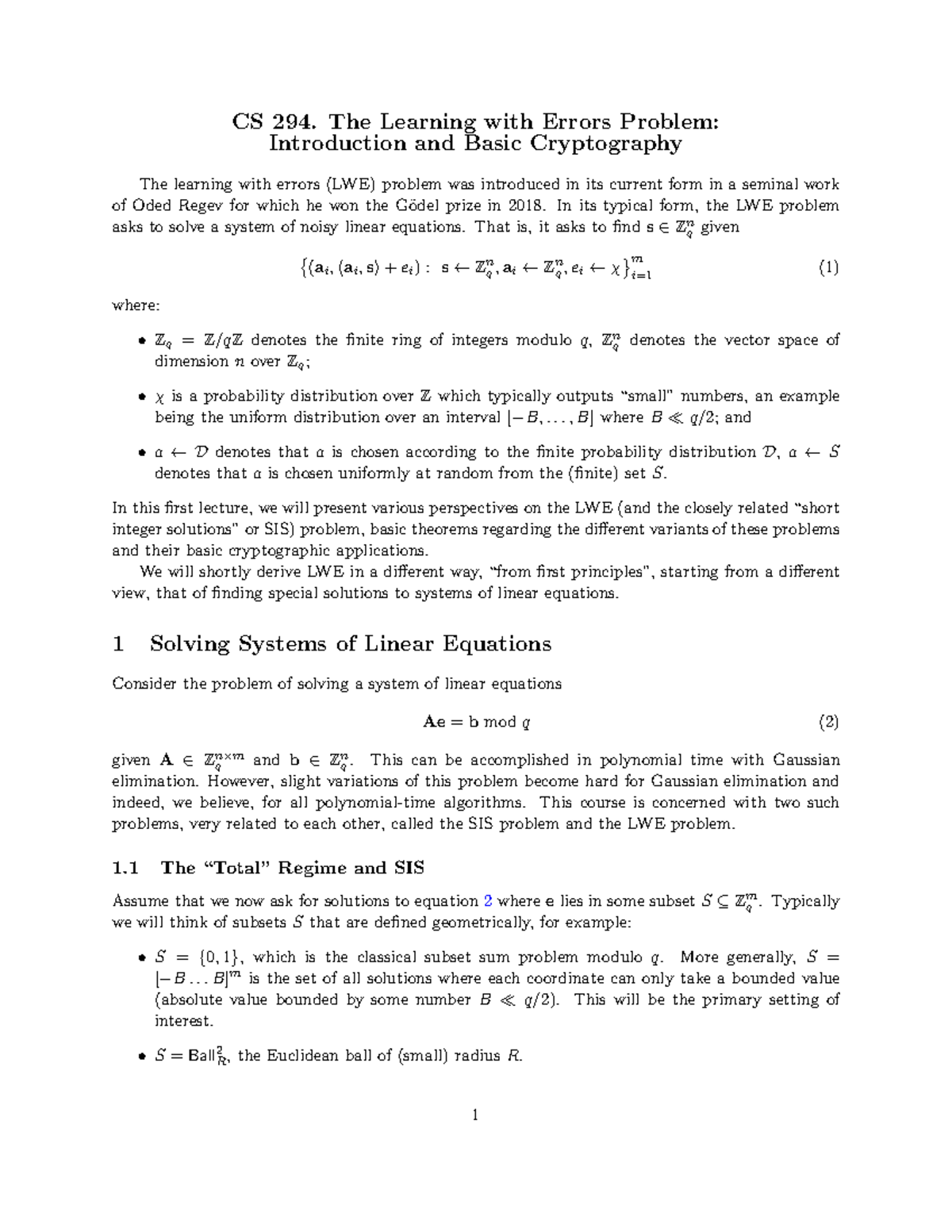 Lecture 1 - Manalo - CS 294. The Learning with Errors Problem: Introduction and Basic ...