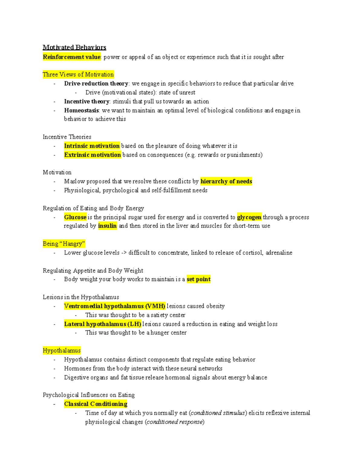 Psychology 100 Unit 4 Notes - Motivated Behaviors Reinforcement value ...