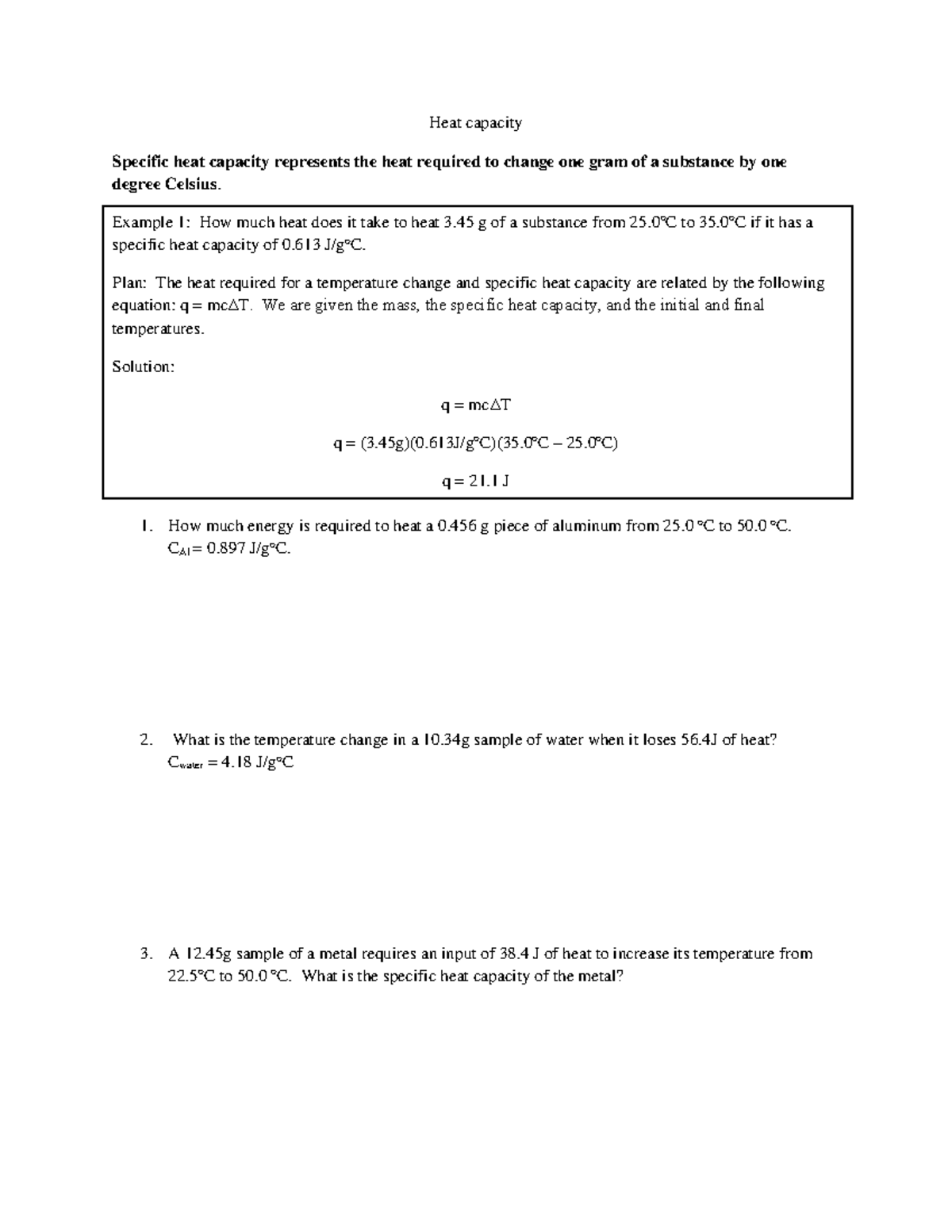 9.b Heat capacity - Homework - Heat capacity Specific heat capacity ...
