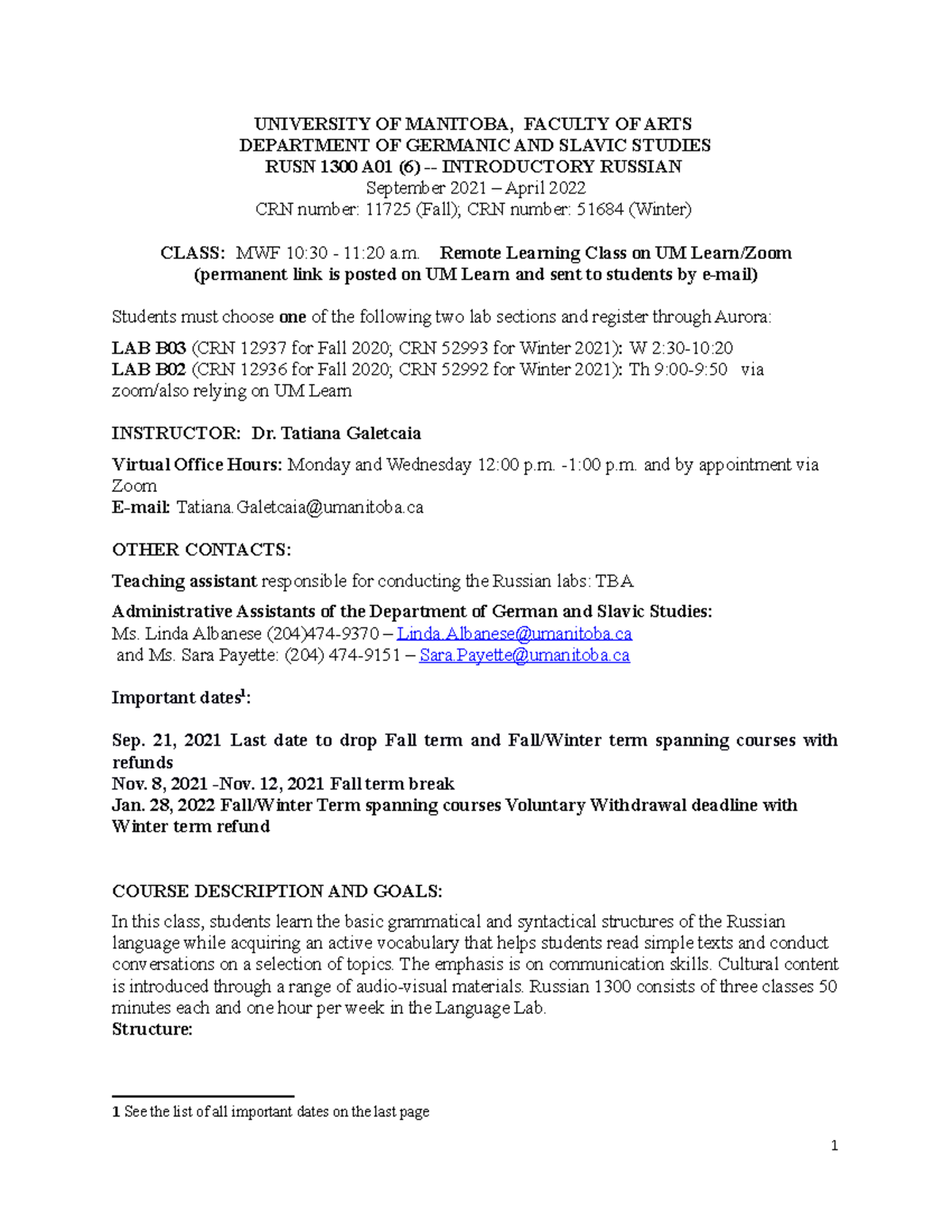 RUSN 1300 - Introductory Russian A01 syllabus - UNIVERSITY OF MANITOBA ...