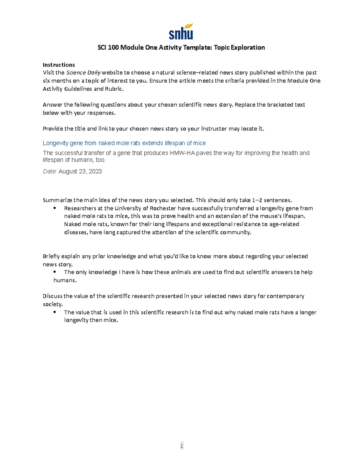 SCI 100 Module 1 - SCI 100 Module One Activity Template: Topic ...