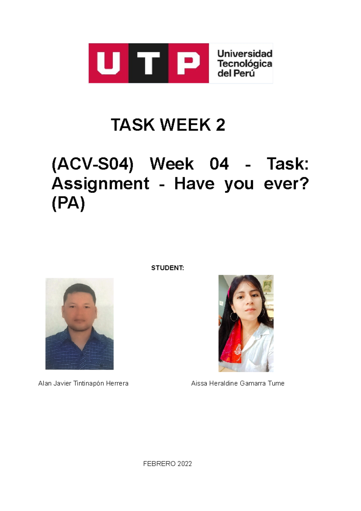 Tintinapón Alan Gamarra Aissa TASK WEEK 4 PA - TASK WEEK 2 (ACV-S04) Week 04 - Task: Assignment ...