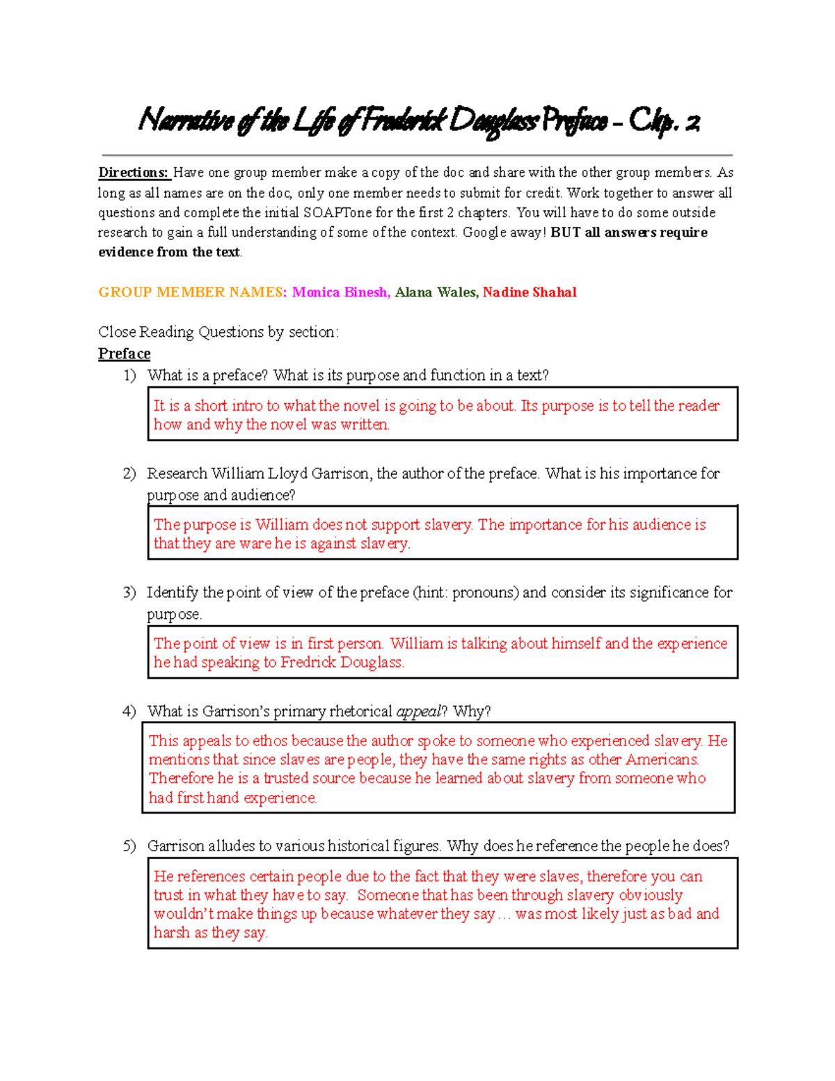 Copy Group Questions Preface - Chp. 2 - Narrative of the Life of ...