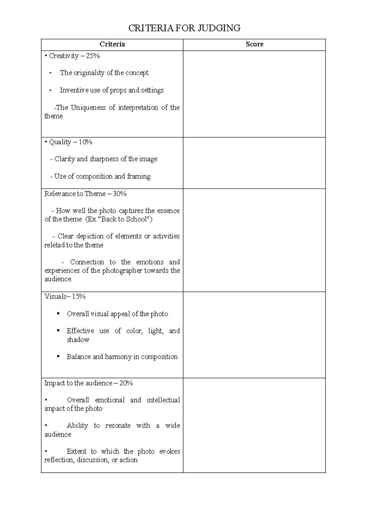 Culture-AND-ARTS - criteria for judging - CRITERIA FOR JUDGING Criteria ...