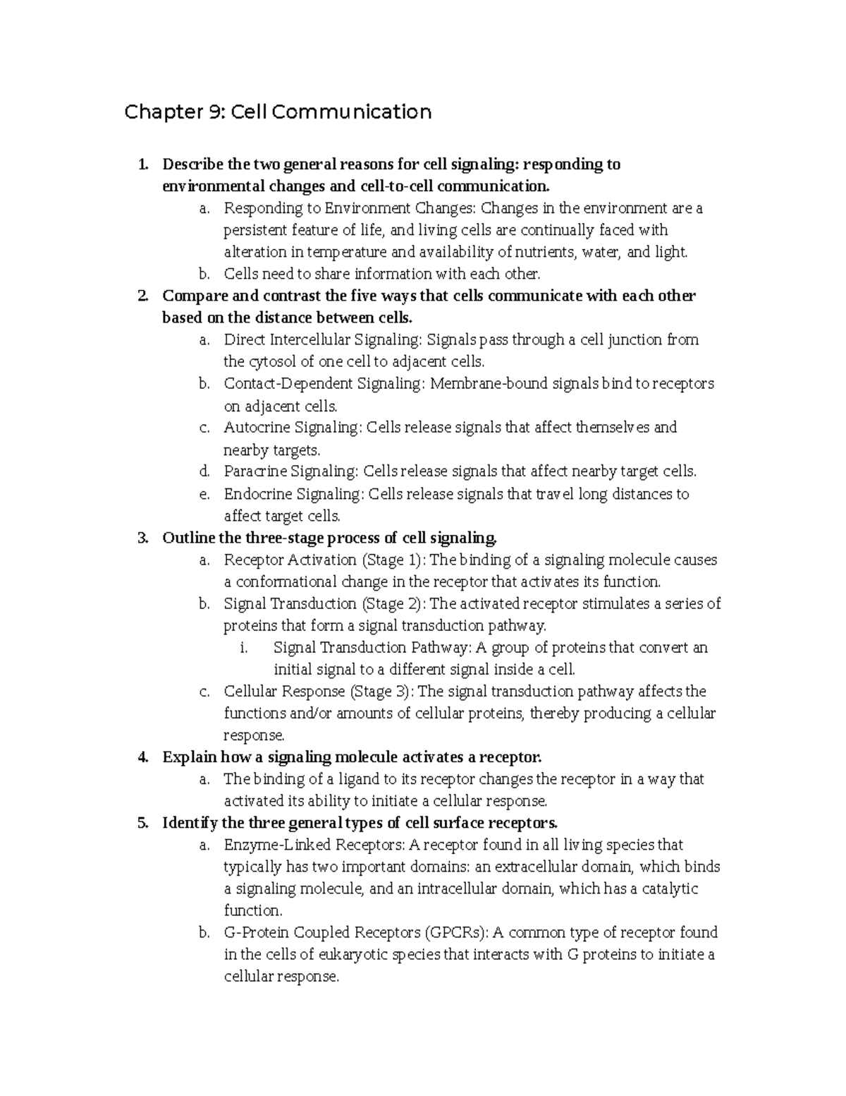 BIO 1200 Chapter 9 Review - Chapter 9: Cell Communication Describe the ...