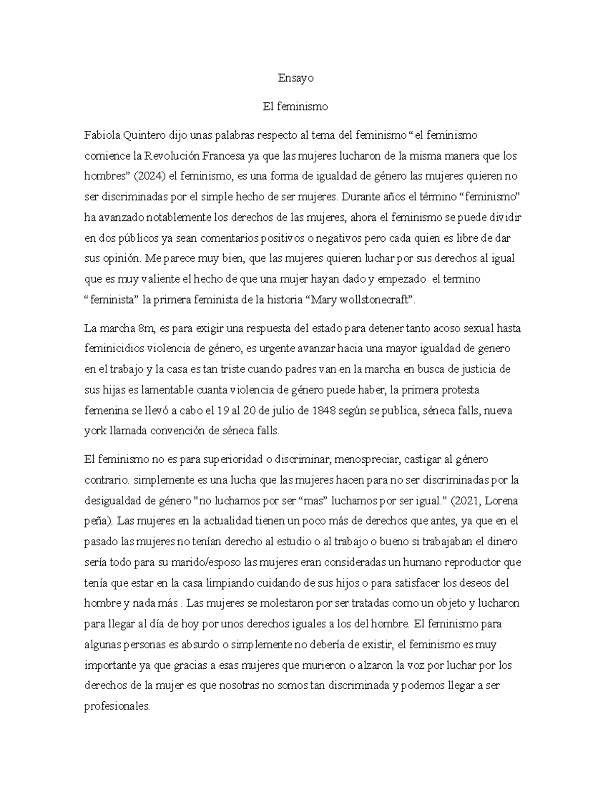 Español español Cecilia - Ensayo El feminismo Fabiola Quintero dijo ...