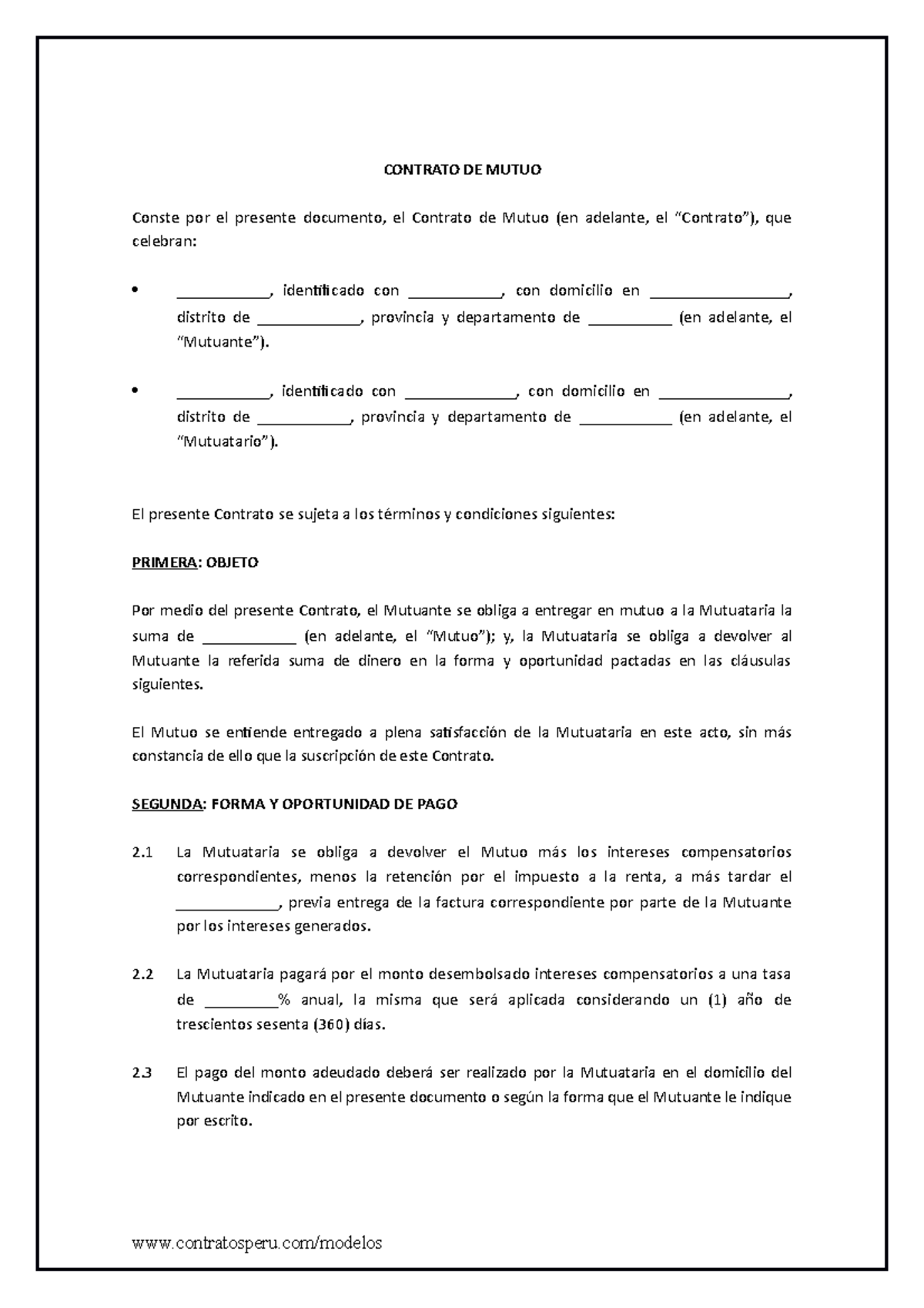 Contrato Mutuo-Préstamo - CONTRATO DE MUTUO Conste por el presente ...