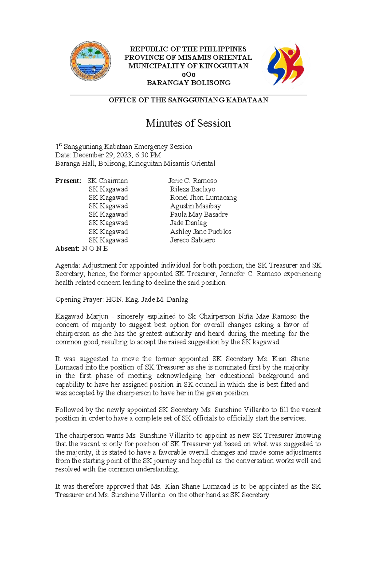 Minutes-OF- Session - Minutes of meeting - REPUBLIC OF THE PHILIPPINES ...