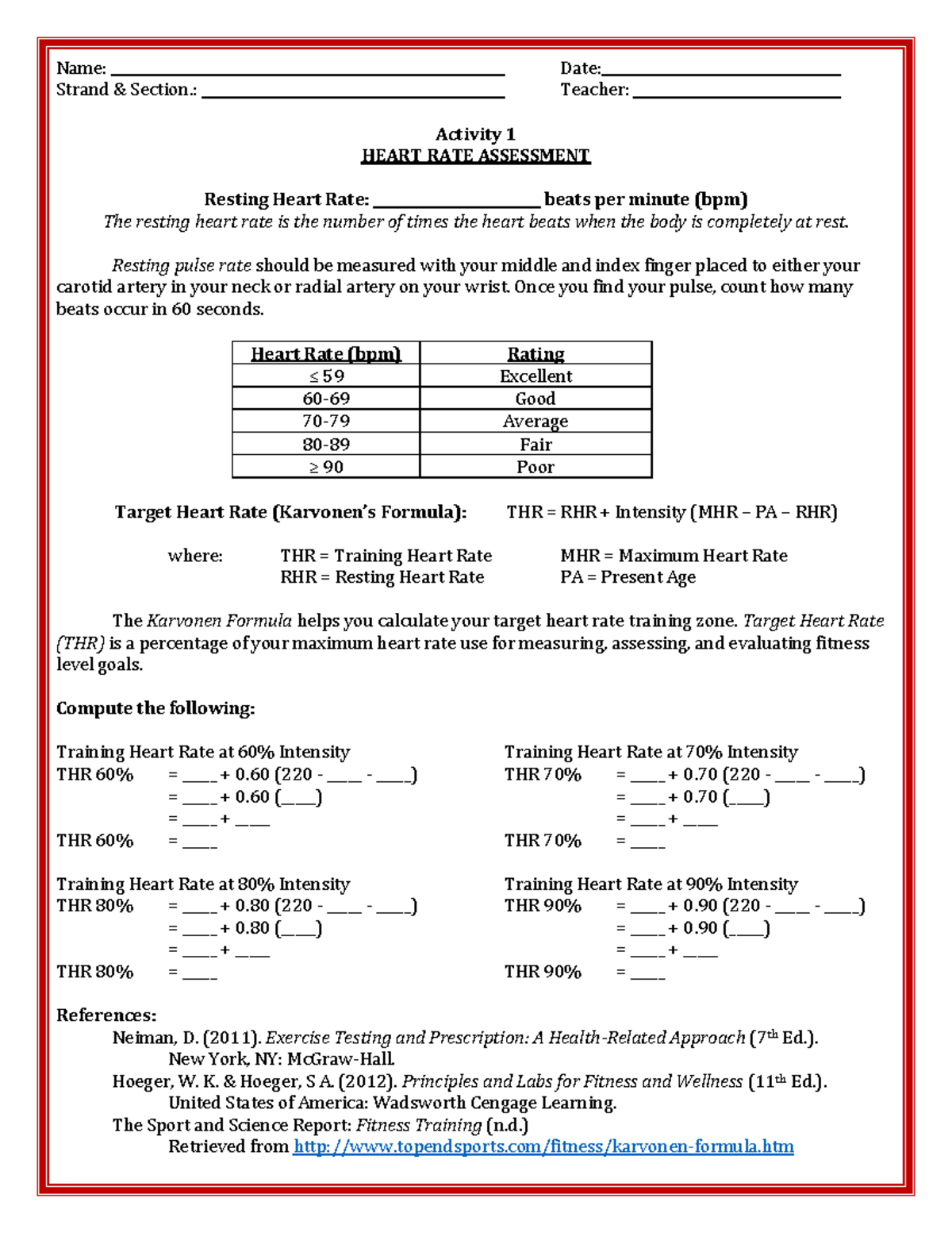 Health Fitness Test Forms - Strand & Section.: Teacher: Activity 1 ...