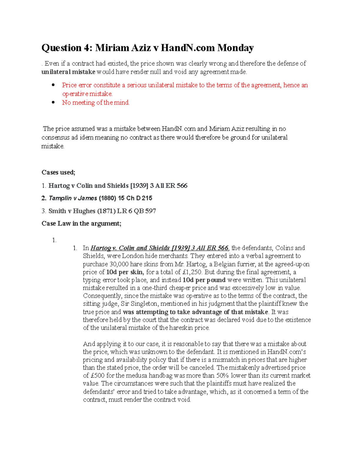 Question 4-Jr - Irshad - Question 4: Miriam Aziz v HandN Monday . Even ...