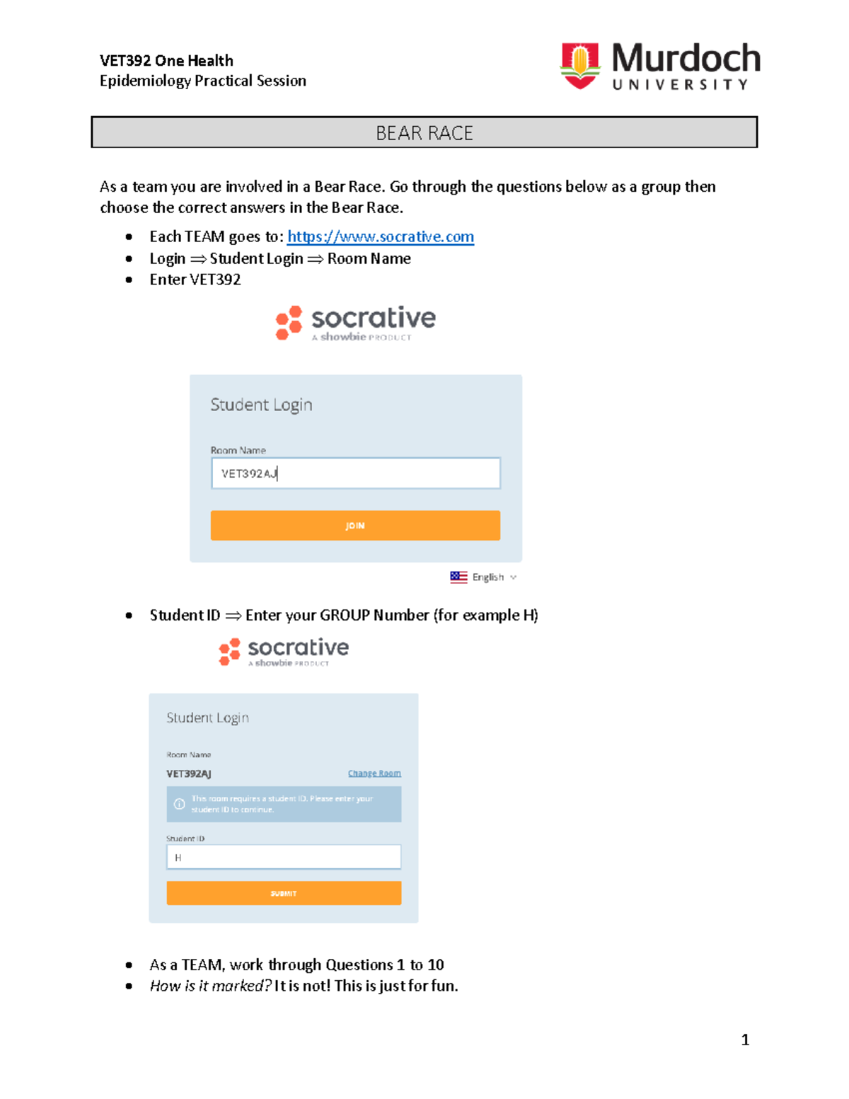 Wk3 live Mon Practical Epi2 - Epidemiology Practical Session BEAR RACE As a team you are ...