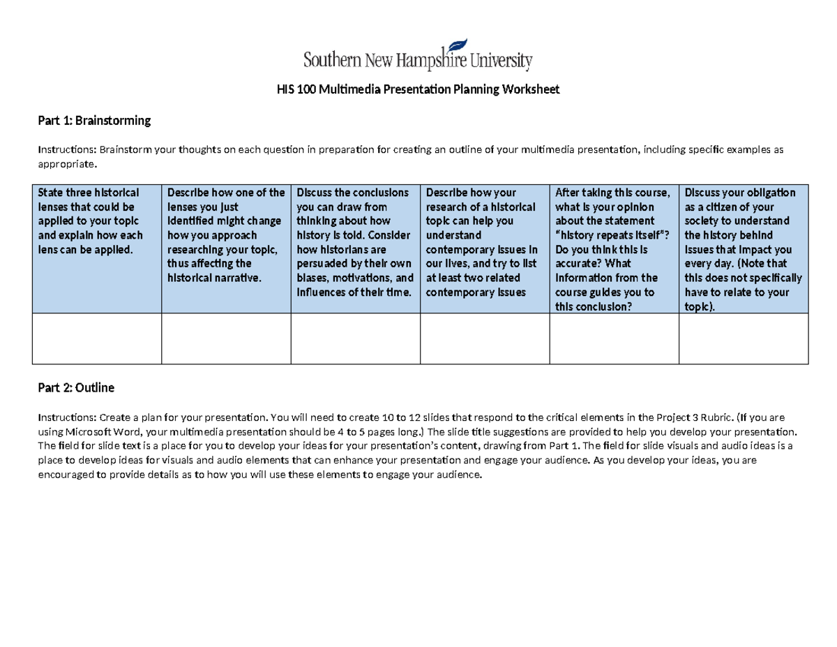 HIS 100 Multimedia Presentation Planning Worksheet - State three ...