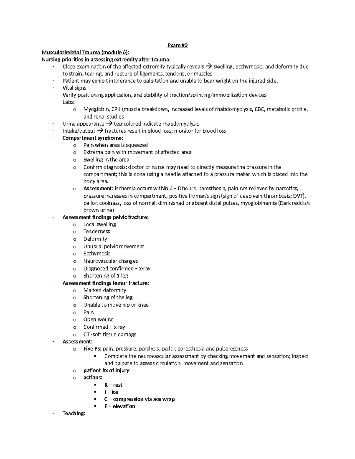 Exam #3 Study Guide Notes - Exam # Musculoskeletal Trauma (module 6 ...