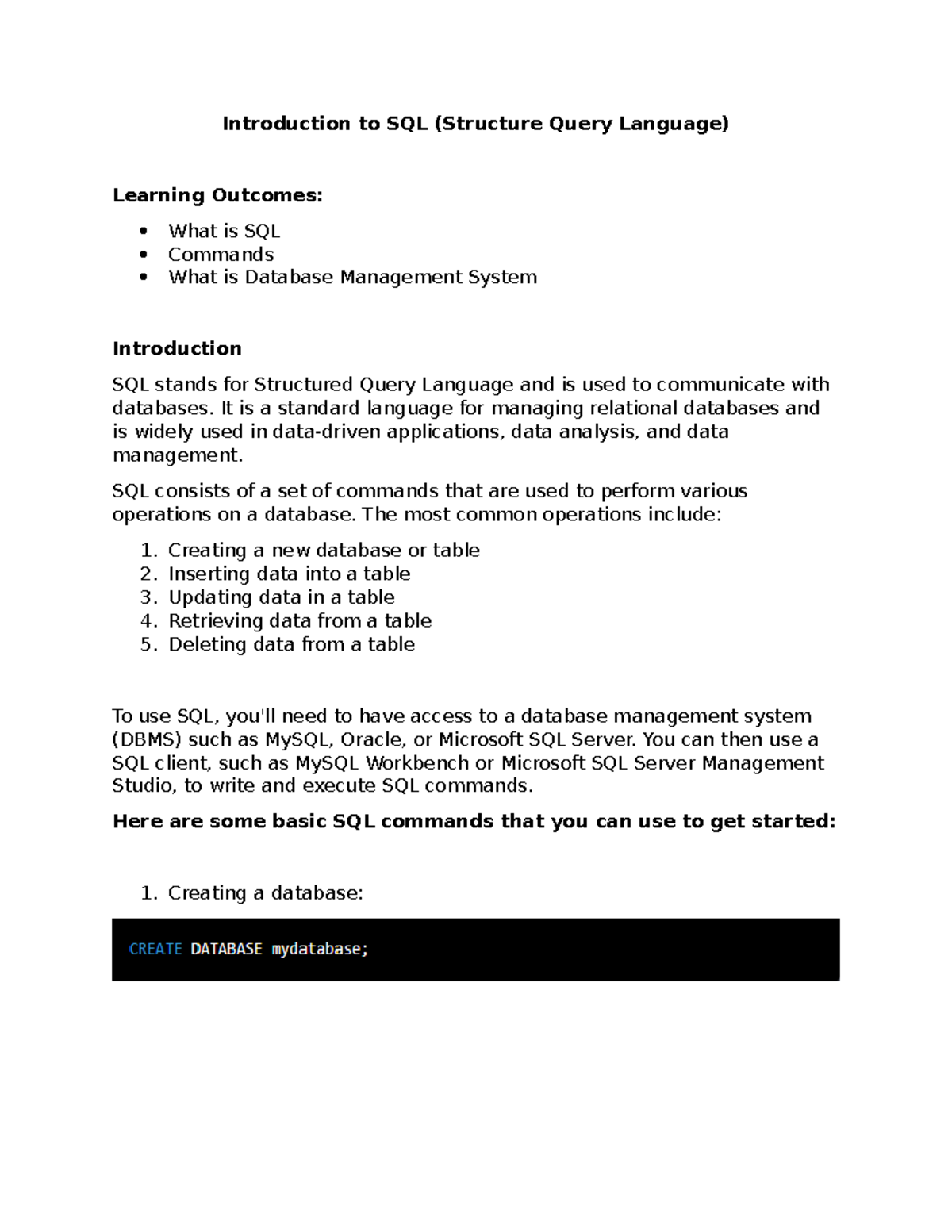 Introduction To Sql • What Is Sql • Commands • What Is Database