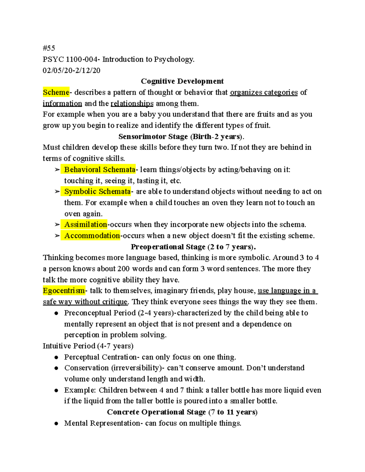 Cognitive Development - PSYC 1100-004- Introduction to Psychology. 02 ...