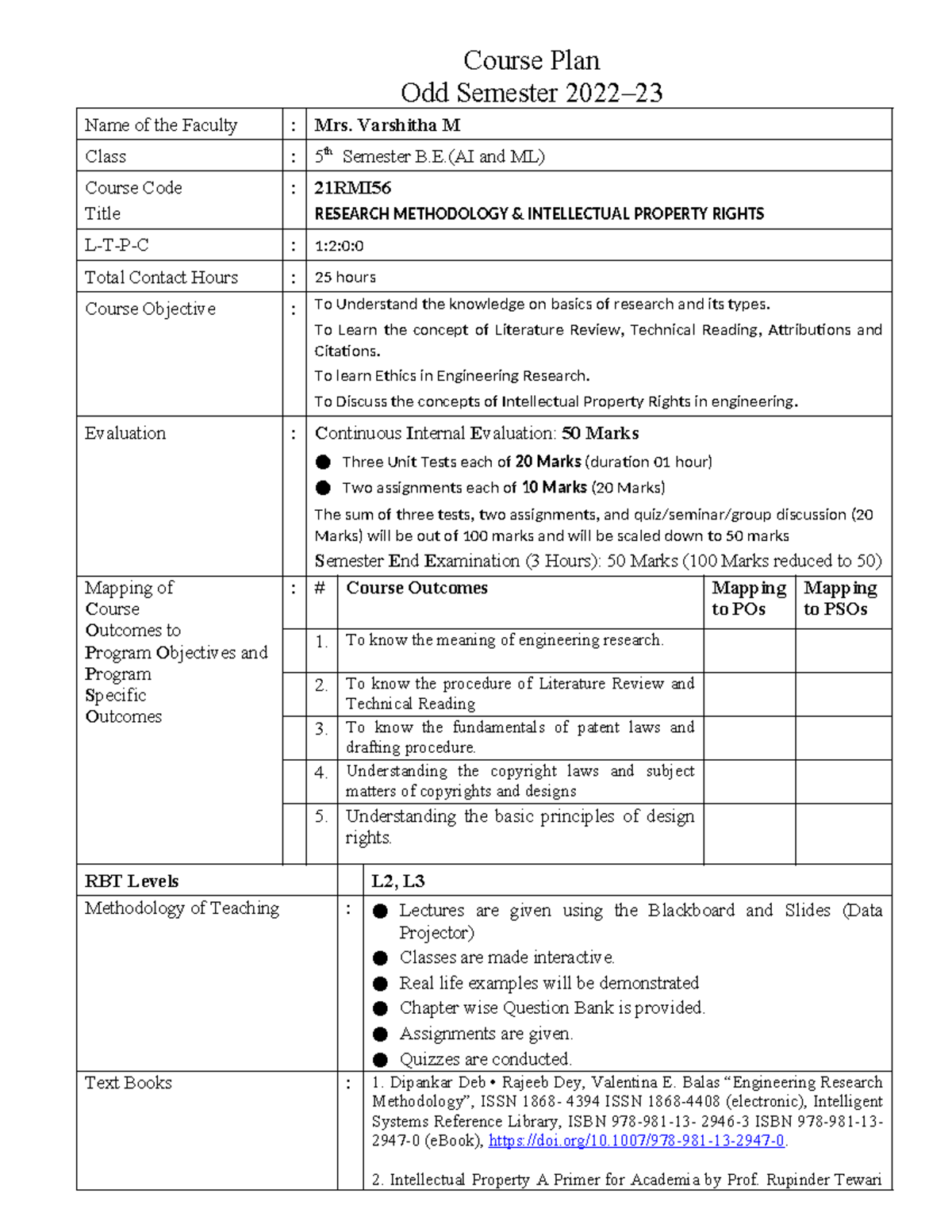 RM Lesson plan - :-)djvydsfgndsvhdshb - Course Plan Odd Semester 2022– Name of the Faculty : Mrs ...