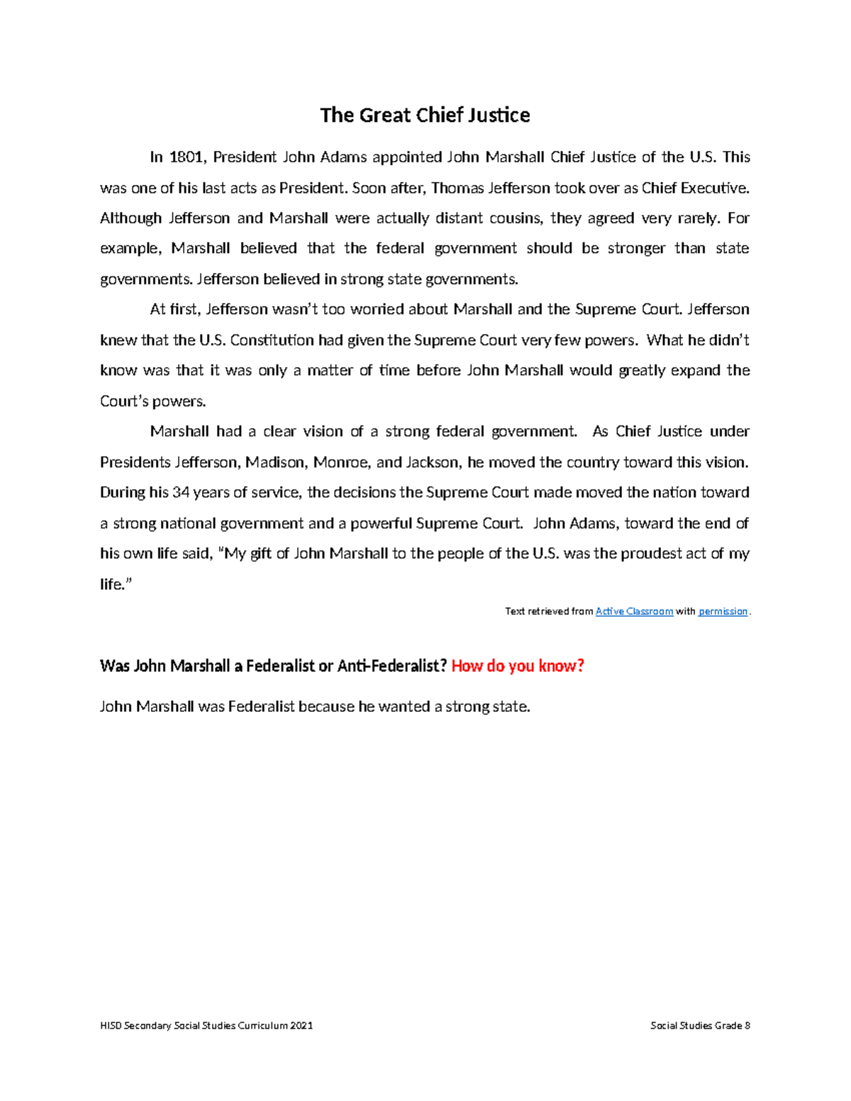 SS8 Chief Justice John Marshall Unit 5 - The Great Chief Justice In ...