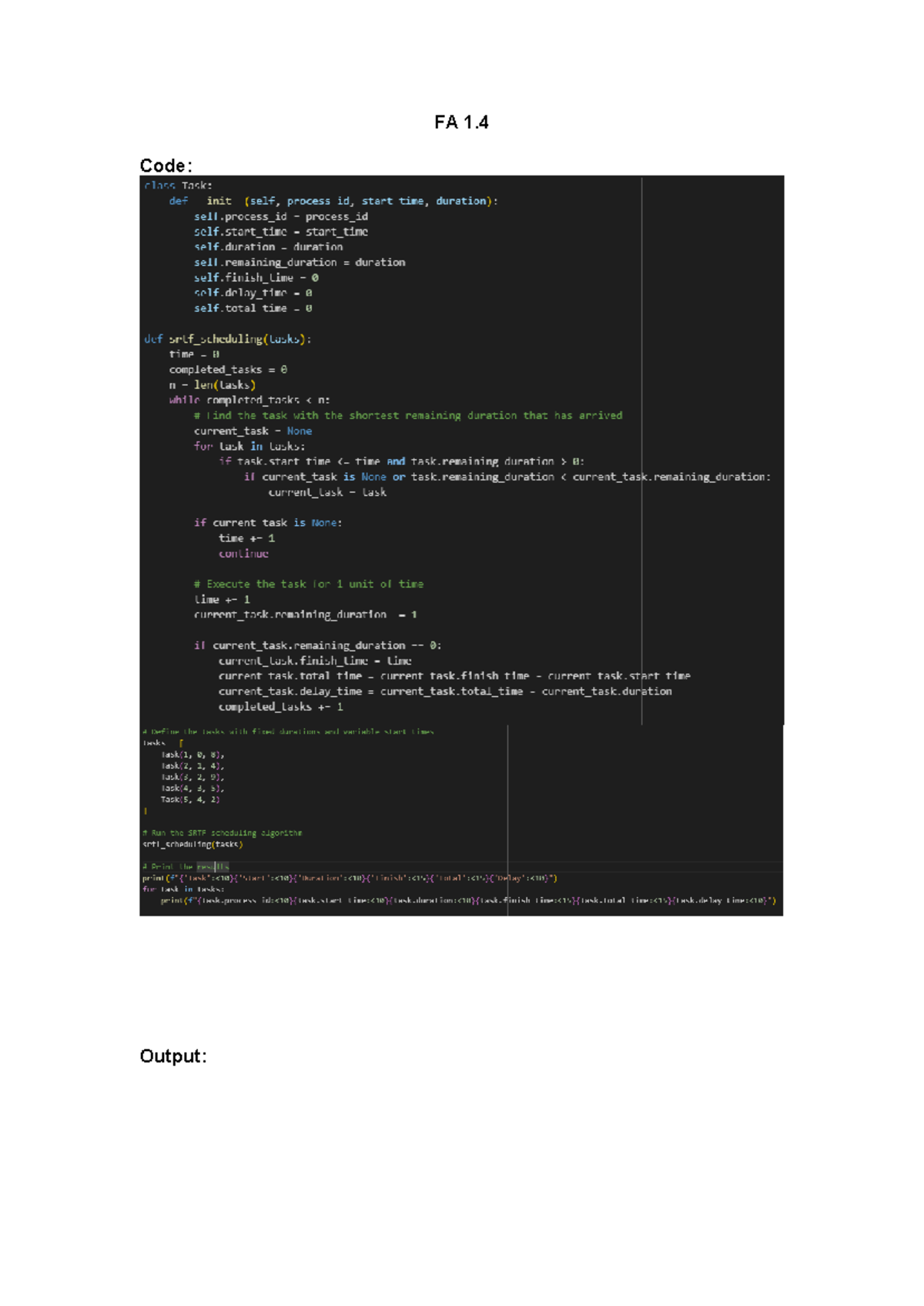 CSS142-FA1.4 asd - FA 1. Code: Output: Explanation: Task Class: This ...