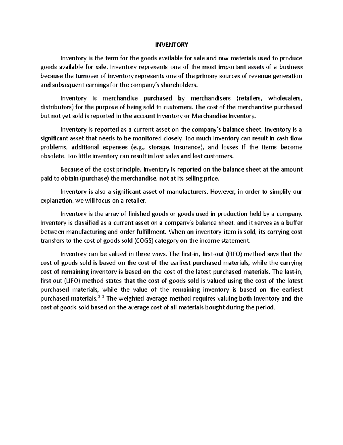 Inventory - INVENTORY Inventory is the term for the goods available for ...