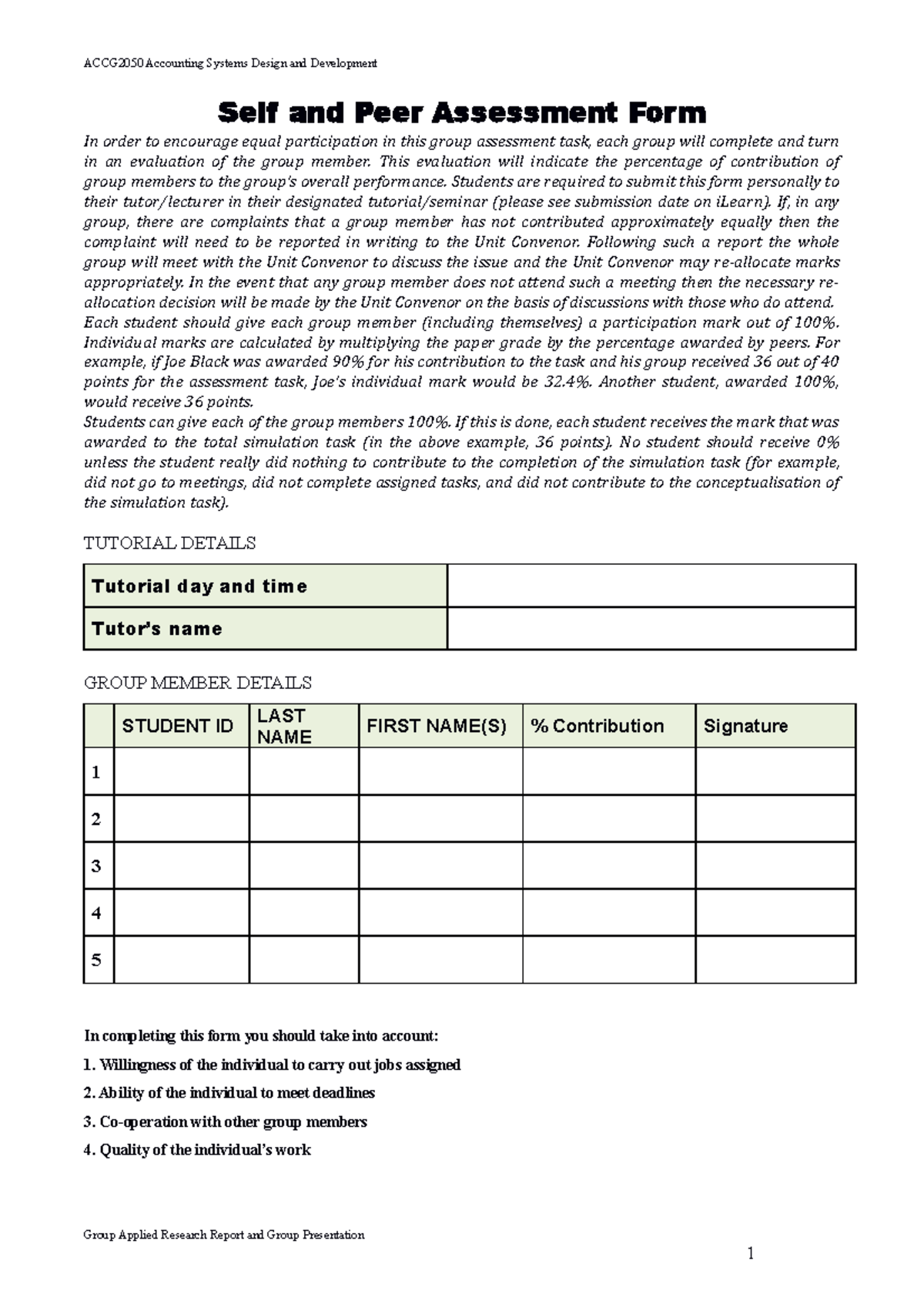 Self and Peer Assessment Form - ACCG2050 Accounting Systems Design and ...