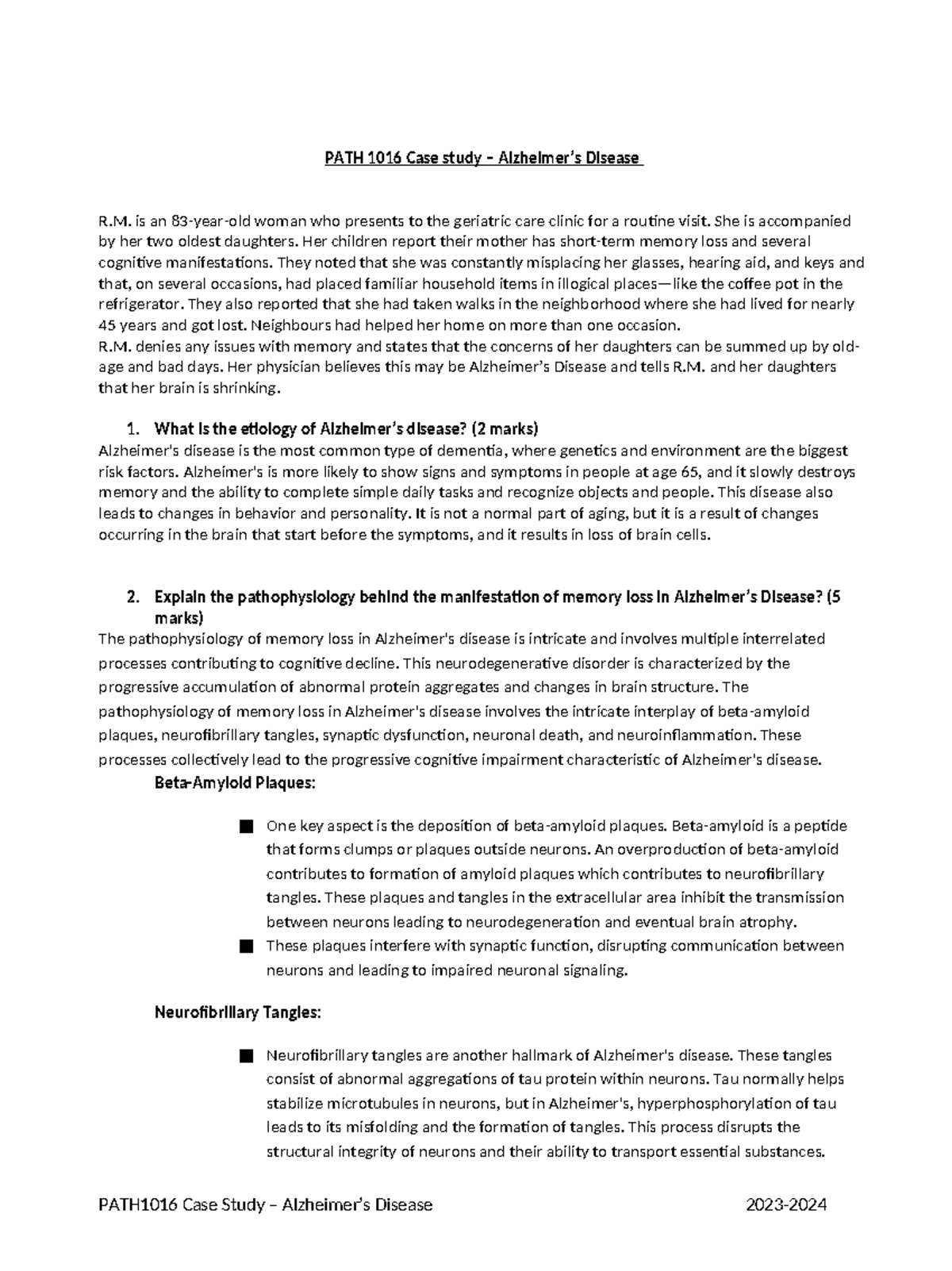 PATH 1016 Alzheimers Case Study - PATH 1016 Case study – Alzheimer’s ...