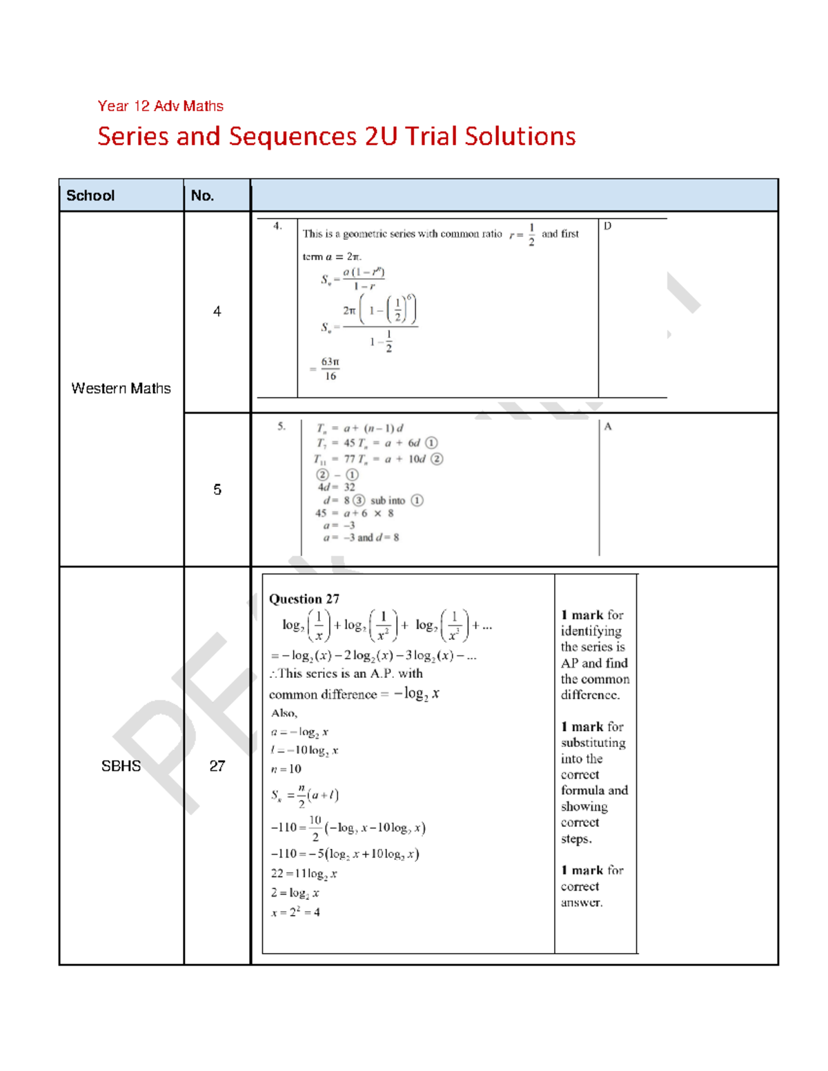Trial HSC Solutions 2020 2U Series and Sequences - Year 12 Adv Maths ...