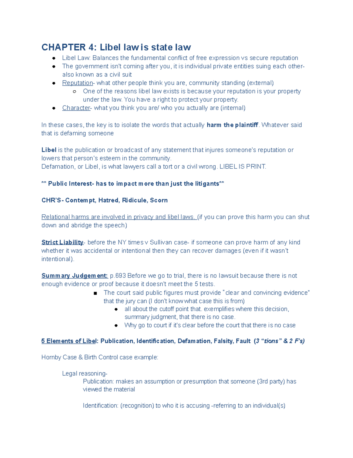 COMM 5300 chapter 4 notes - CHAPTER 4: Libel law is state law Libel Law ...