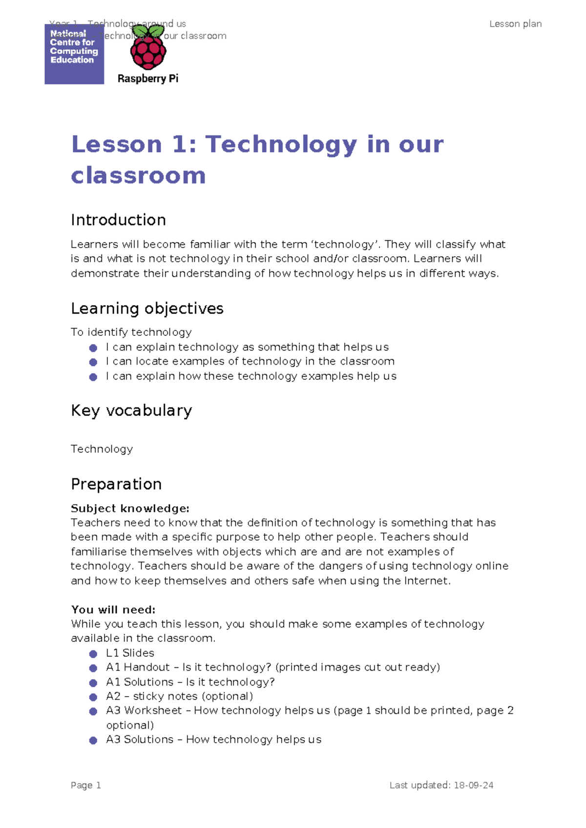 L1 Lesson Plan Technology Around Us Y1 Lesson 1 Technology In Our Classroom Lesson 1 