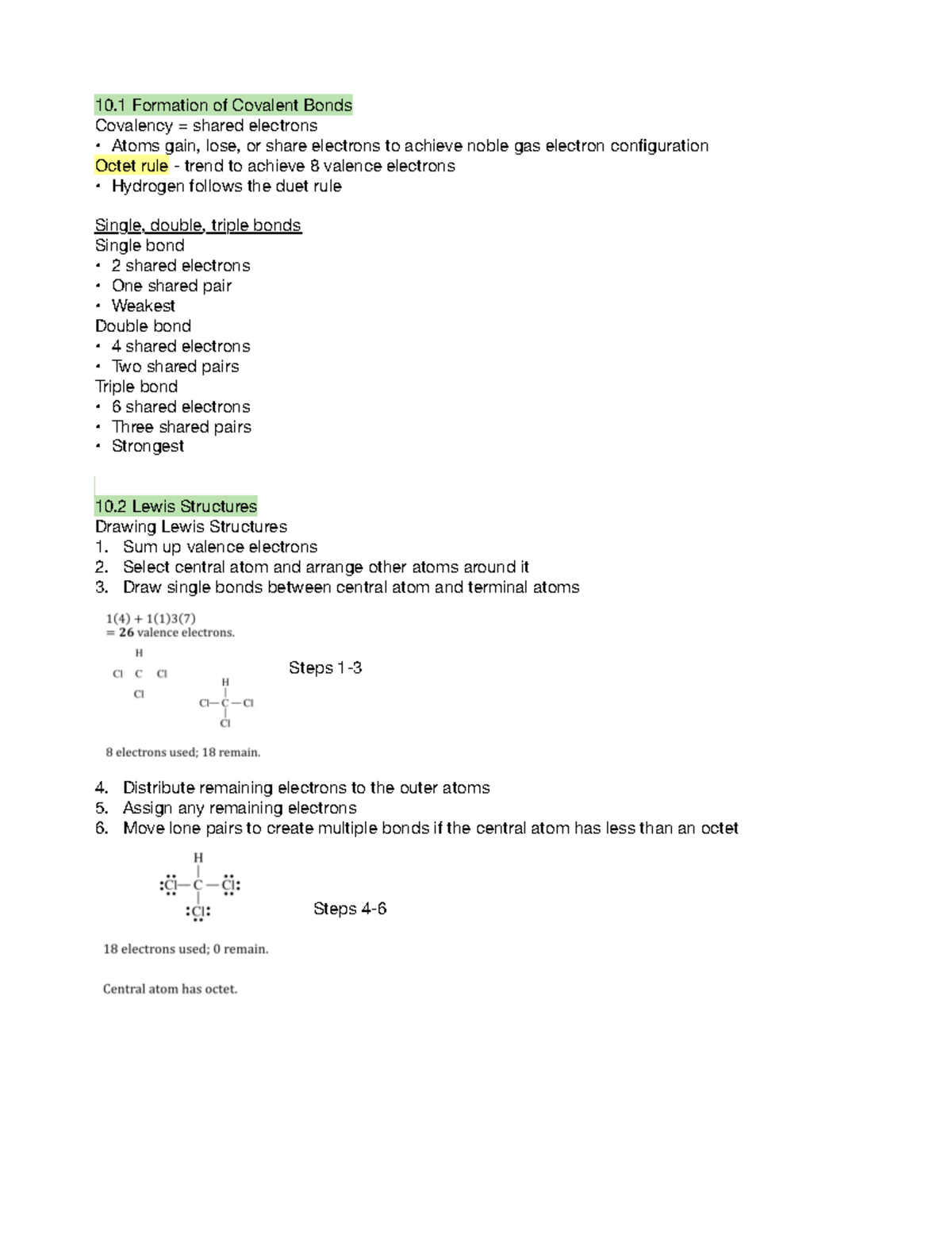Chapter 10 - Covalent Bonding - CHE 105 - 10 Formation of Covalent ...