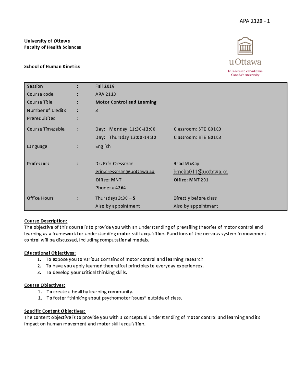 APA 2120 Course Syllabus Fall 2018 - University of Ottawa Faculty of ...