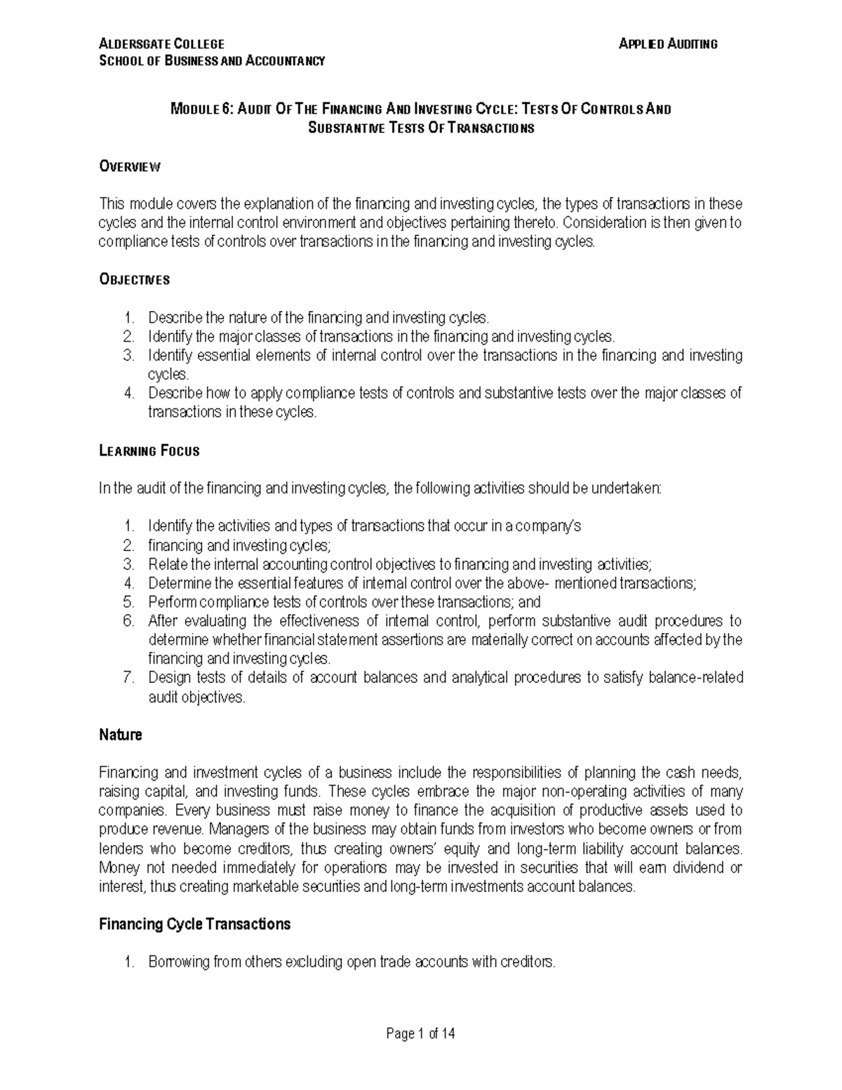 Module 6 Audit of the Financing and Investing Cycle - History - Studocu