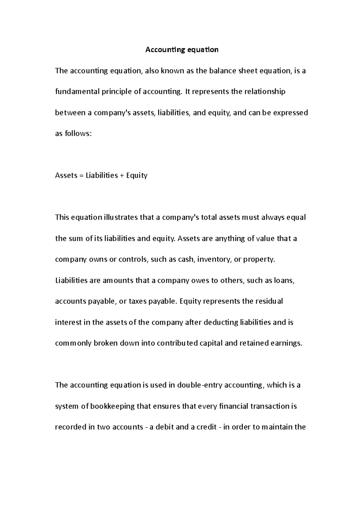 Accounting equation - It represents the relationship between a company ...