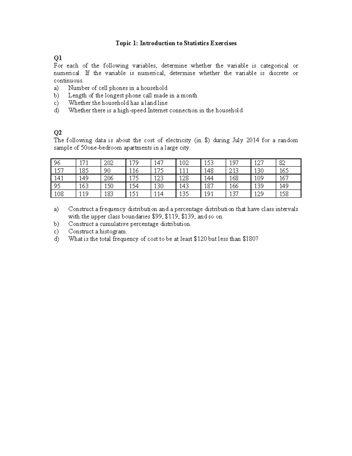 Topic 1 Questions - Business Statistics - CityU - Studocu