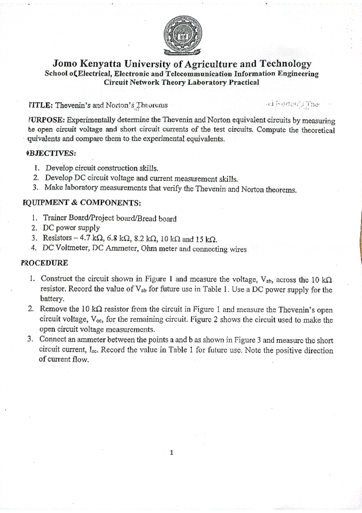 ECA practical manual 1 - lab work - Bsc. Electrical and Electronic ...