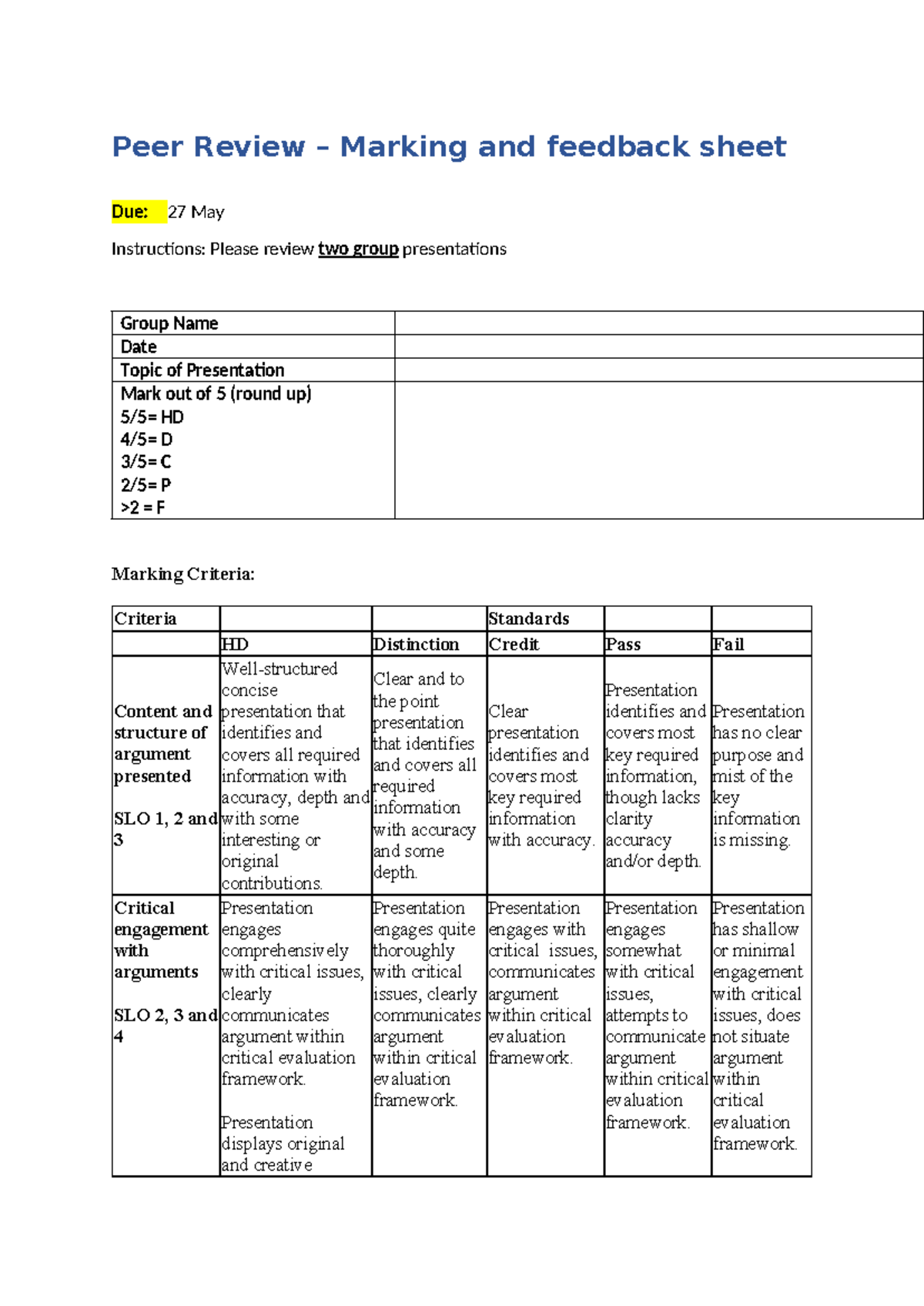 group Peer Review - Peer Review – Marking and feedback sheet Due: 27 ...