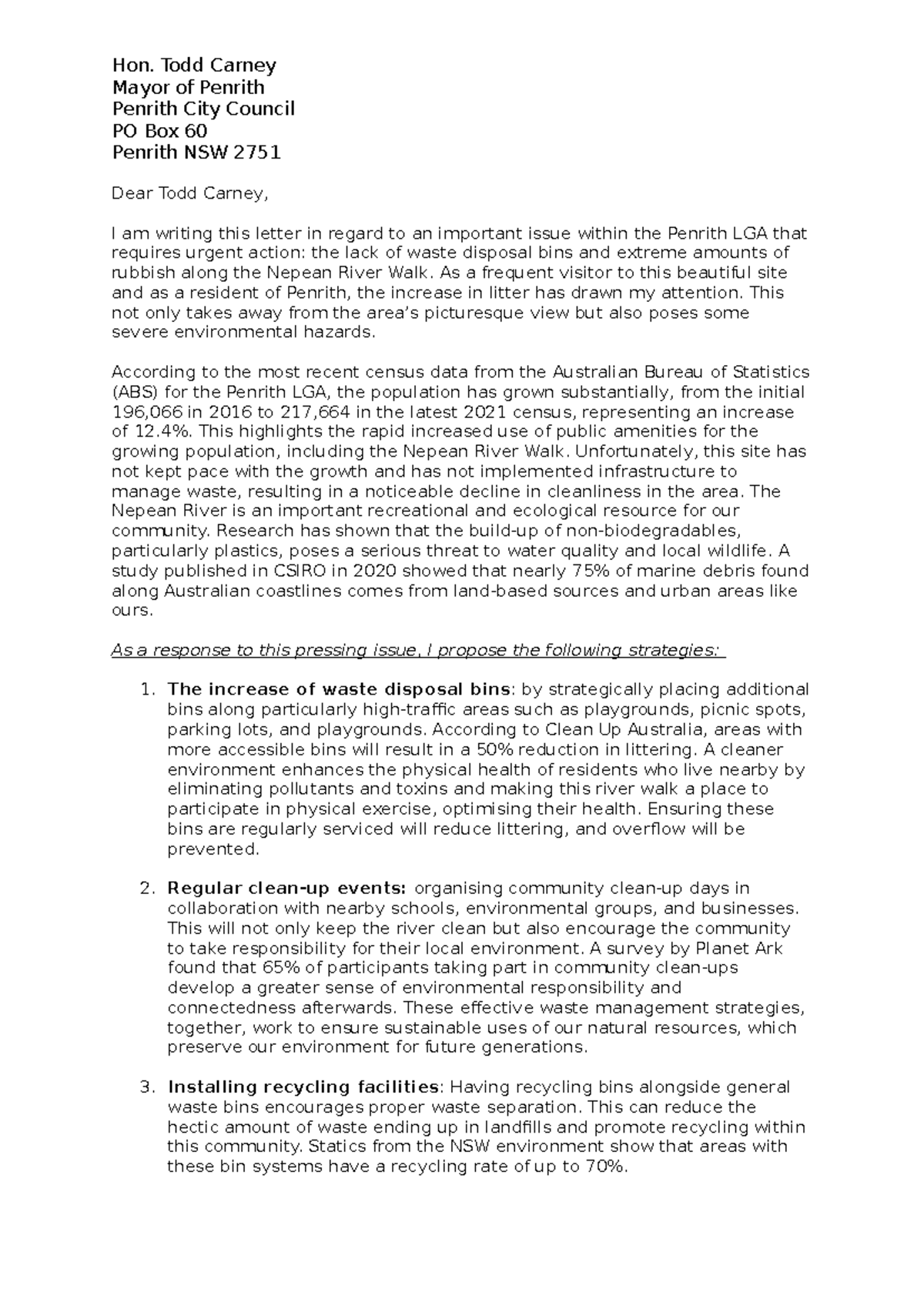 Local Government Lobbying Letter - Hon. Todd Carney Mayor of Penrith ...